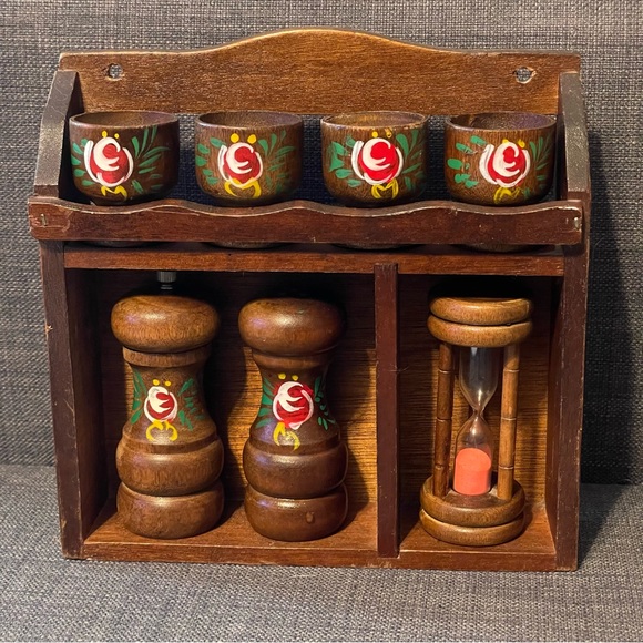 Kitchen | Vtg Wooden Egg Cups Timer Salt Pepper Shaker Wall Rack Mid ...